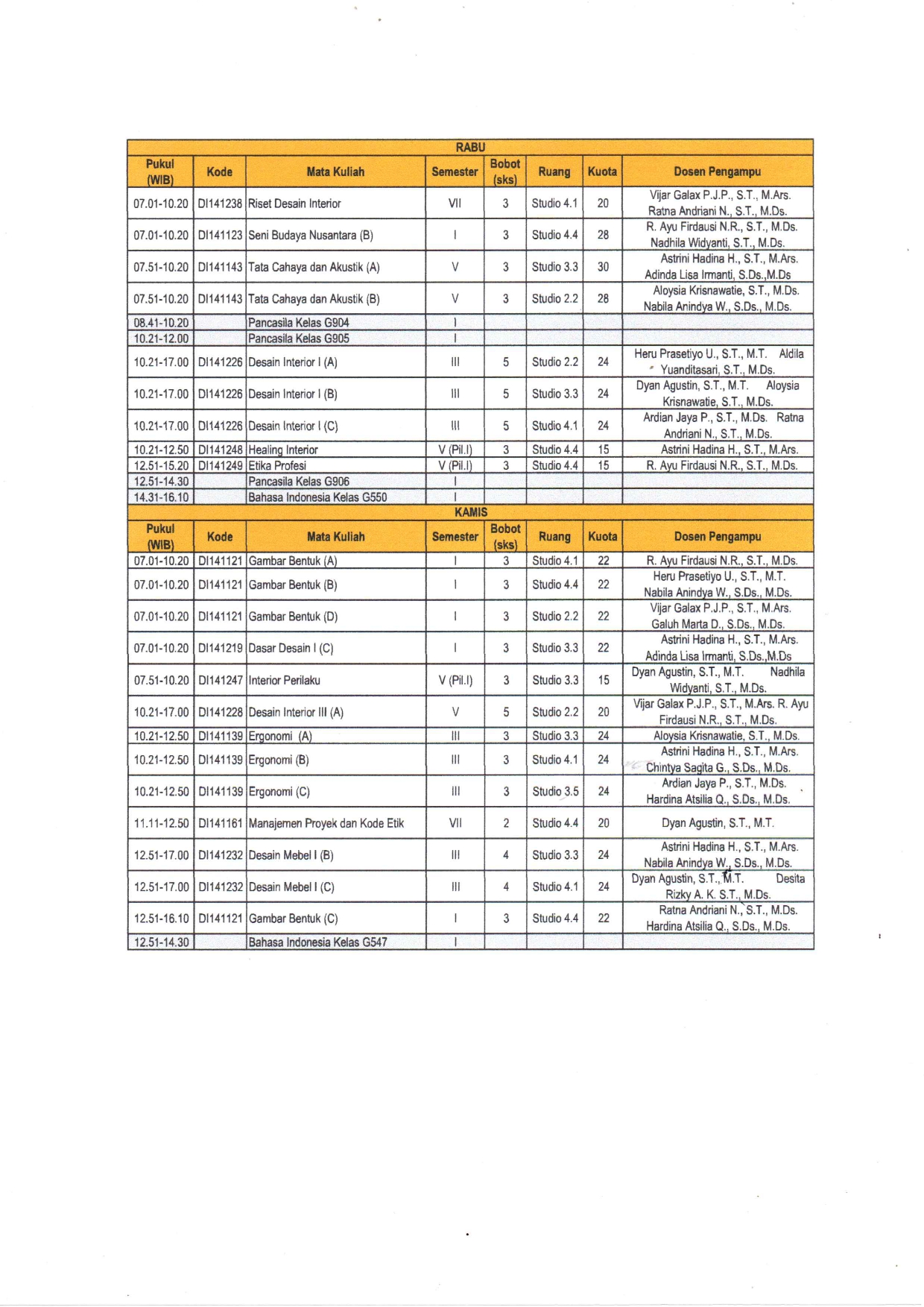 JADWAL KULIAH PRODI DESAIN INTERIOR FAD SEMESTER GASAL TA. 2025 – 2026 ...
