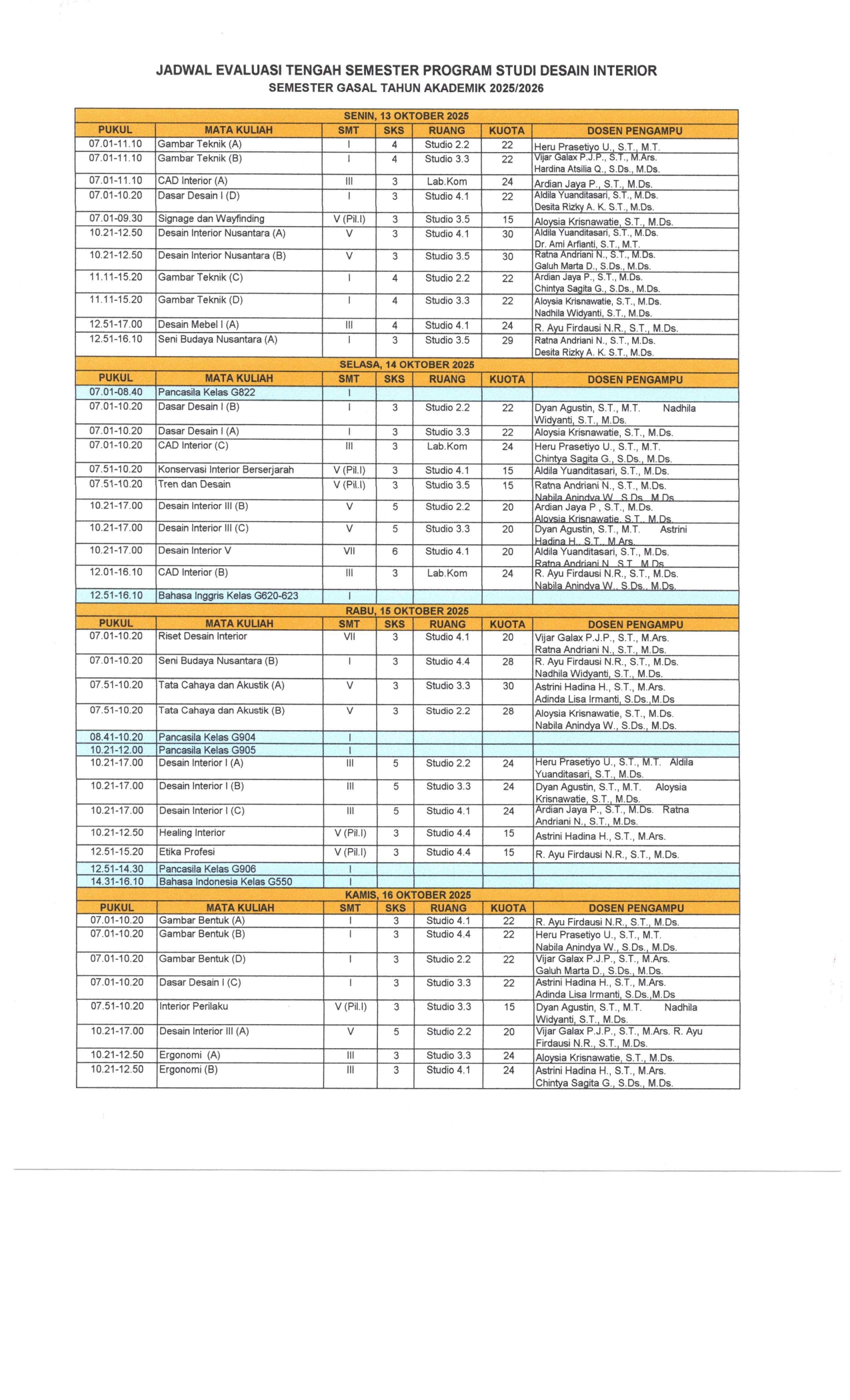JADWAL ETS SEMESTER GASAL PRODI DESAIN INTERIOR TA. 2025/2026 ...