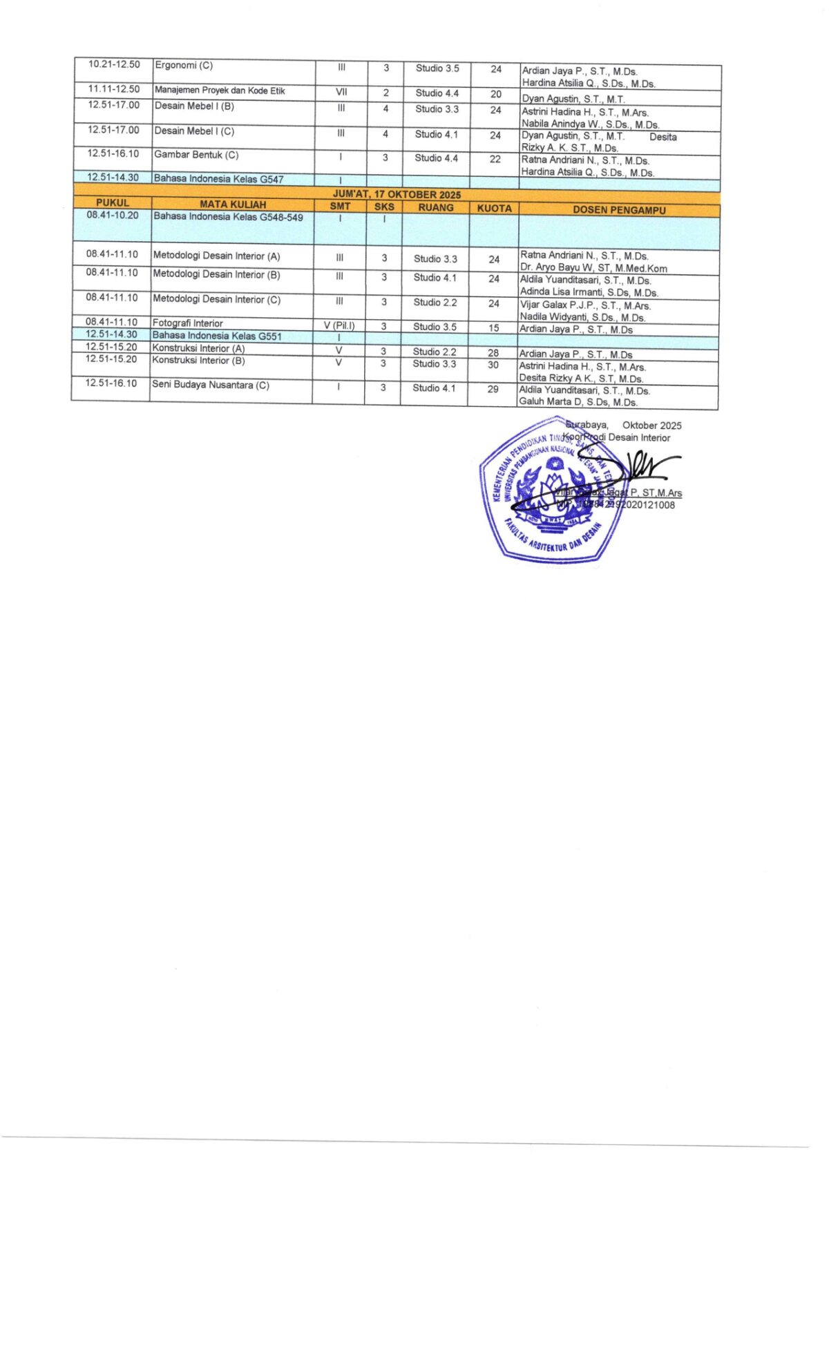JADWAL ETS SEMESTER GASAL PRODI DESAIN INTERIOR TA. 2025/2026 ...